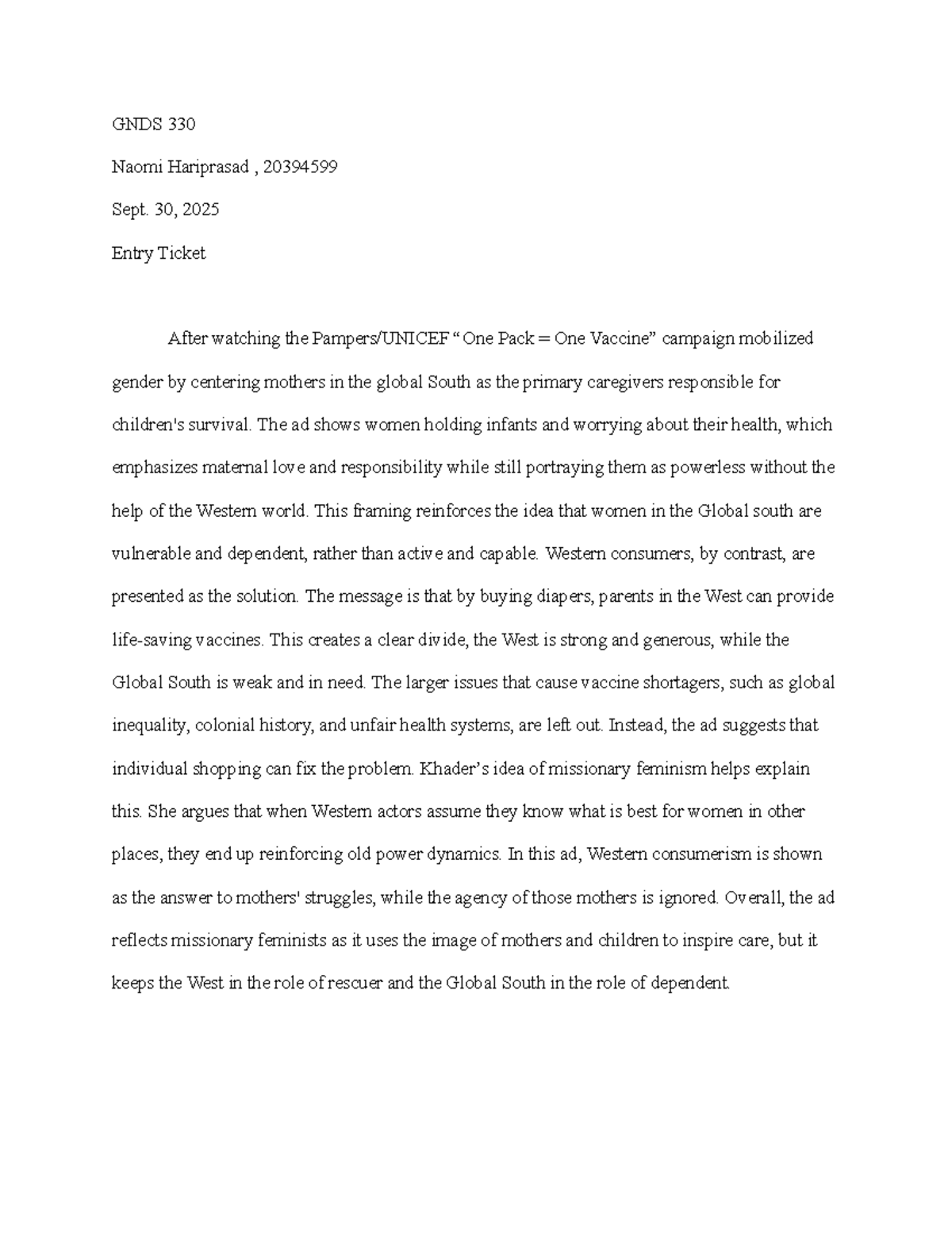 GNDS 330 Entry Ticket 4: Analyzing the Pack One Campaign's Gender ...