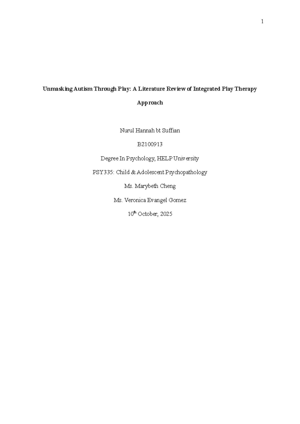 PSY335: Literature Review on Integrated Play Therapy for Autism - Studocu