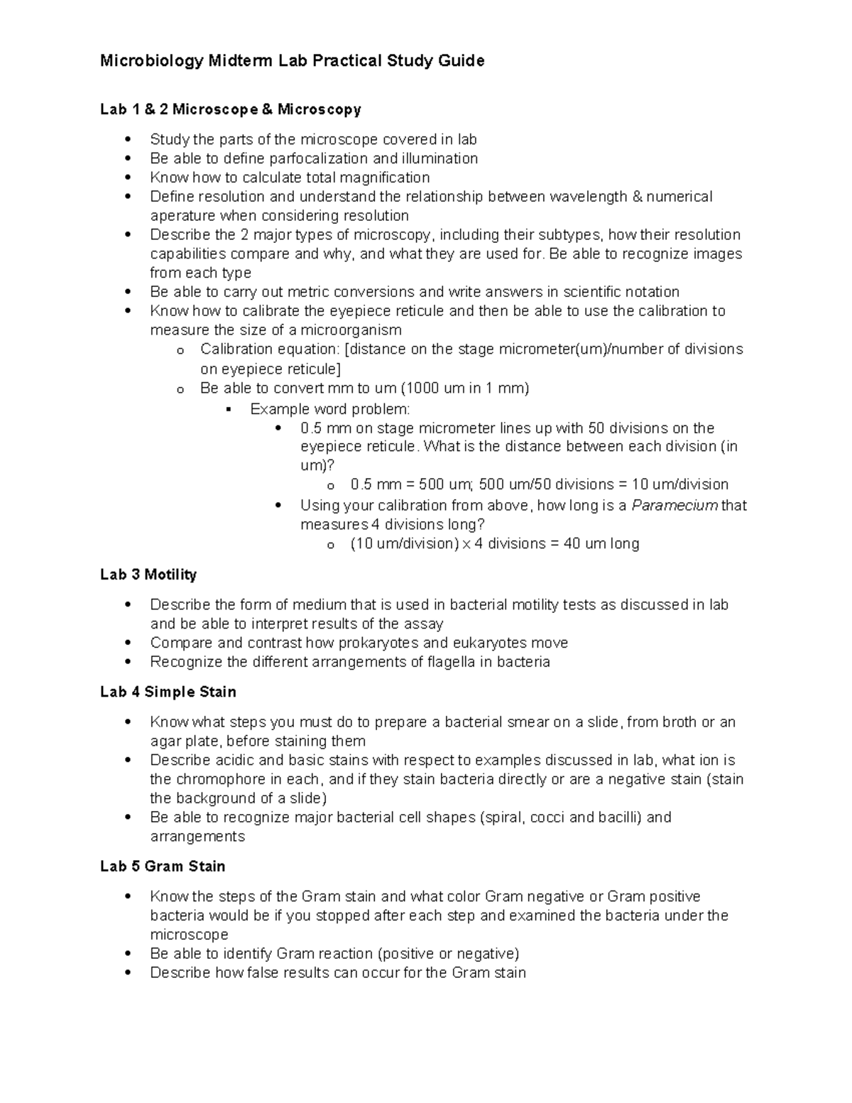 Microbiology B101 Midterm Lab Practical Study Guide & Notes - Studocu