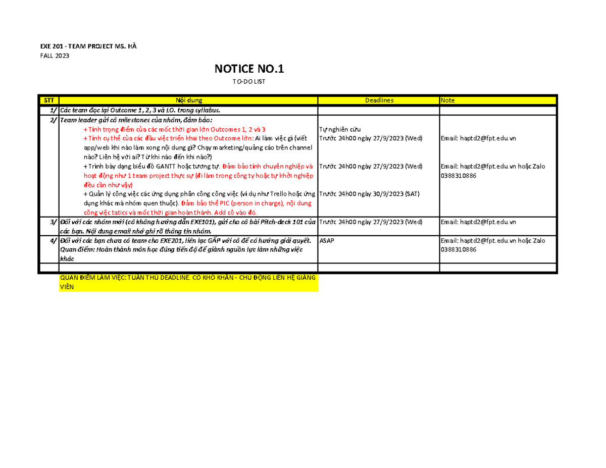 EXE201 - Team Project Notice 1: To-Do List for Fall 2023 - Studocu