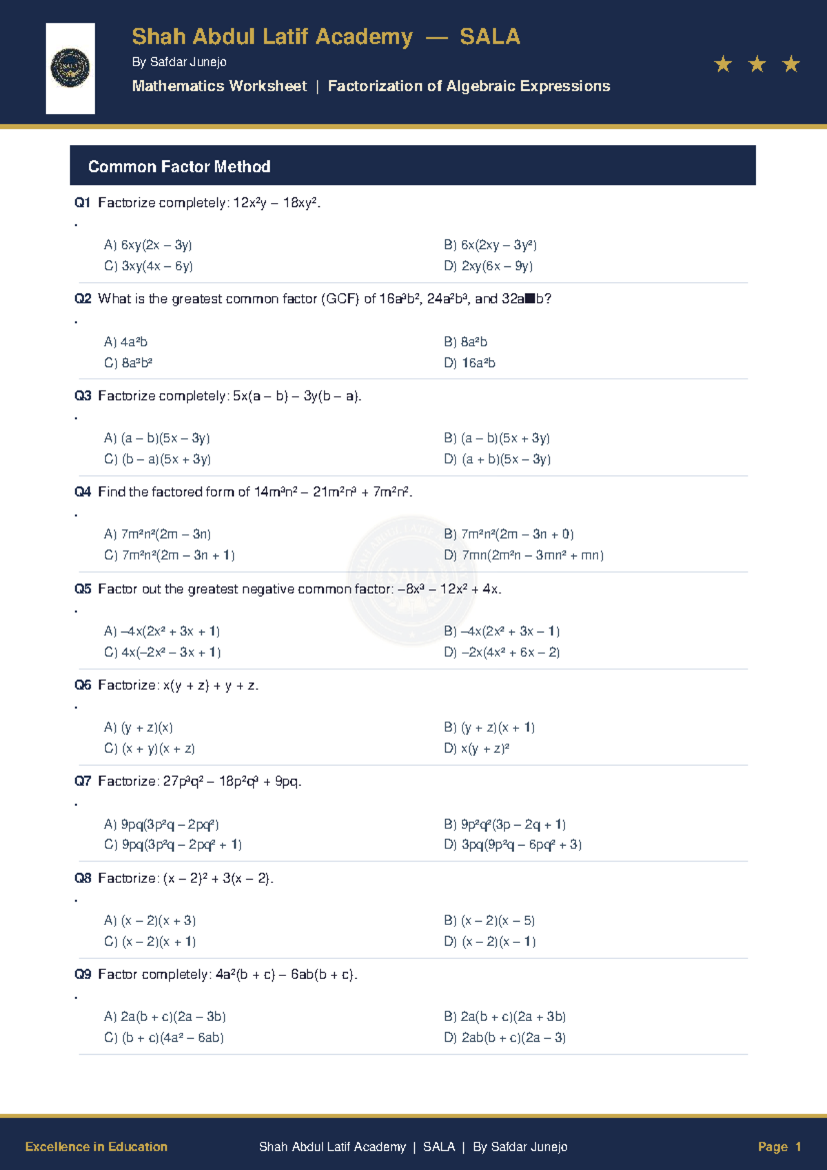 SALA Mathematics Worksheet: Factorization of Algebraic Expressions ...
