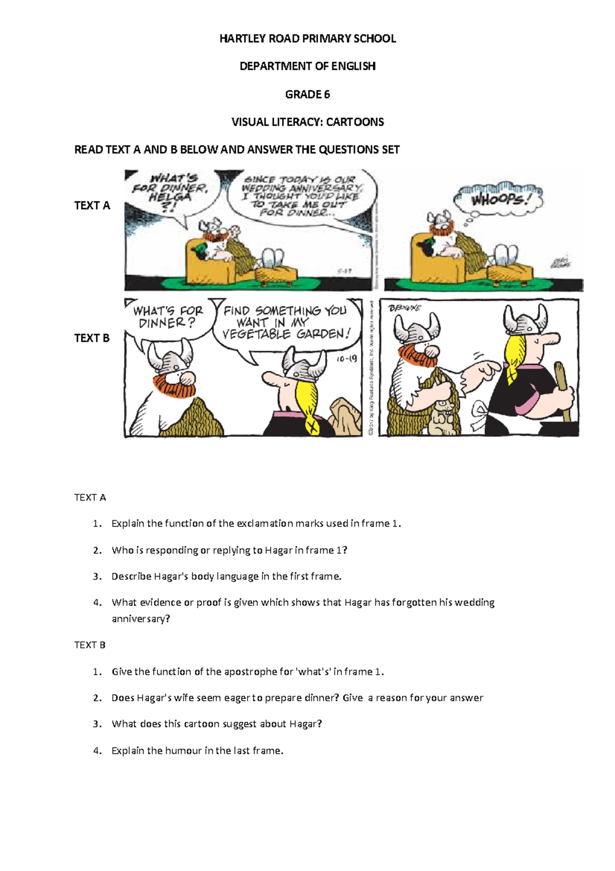 Grade 6 Visual Literacy: Analyzing Hagar the Horrible Cartoons - Studocu