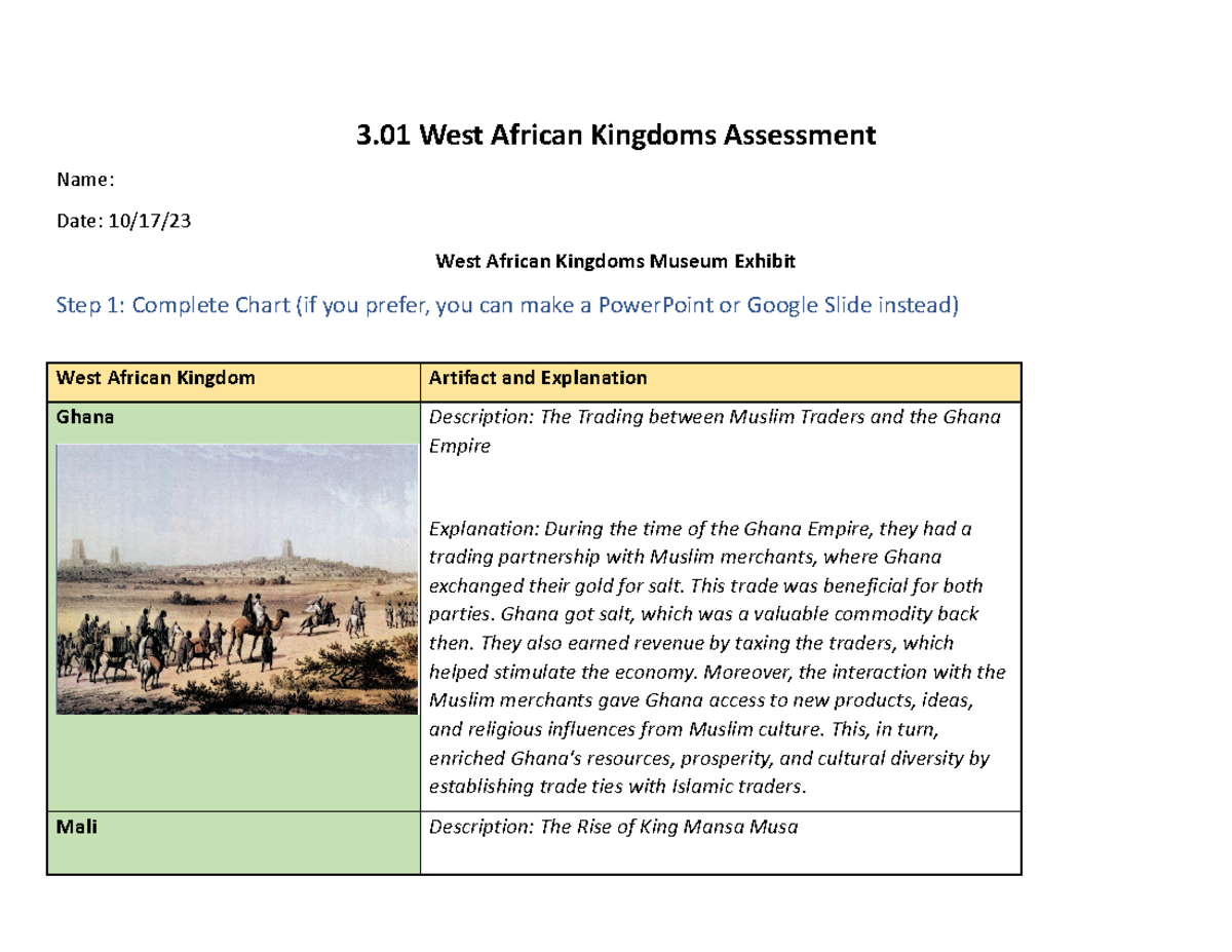 03.01 West African Kingdoms Assessment Overview and Key Details - Studocu