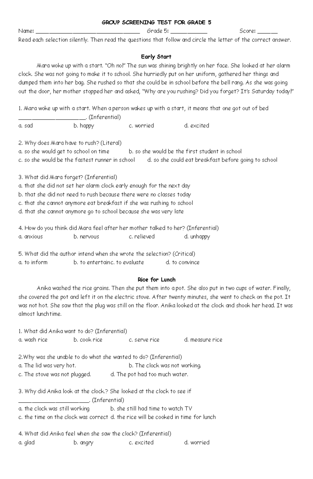 GST for Grade 5: Group Screening Test Questions and Answers - Studocu