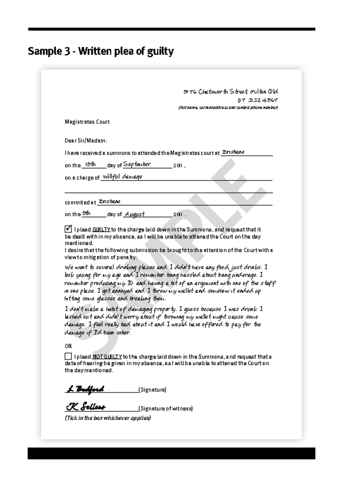 HYBCWO Written Plea of Guilty Sample Document (Magistrates Court) - Studocu