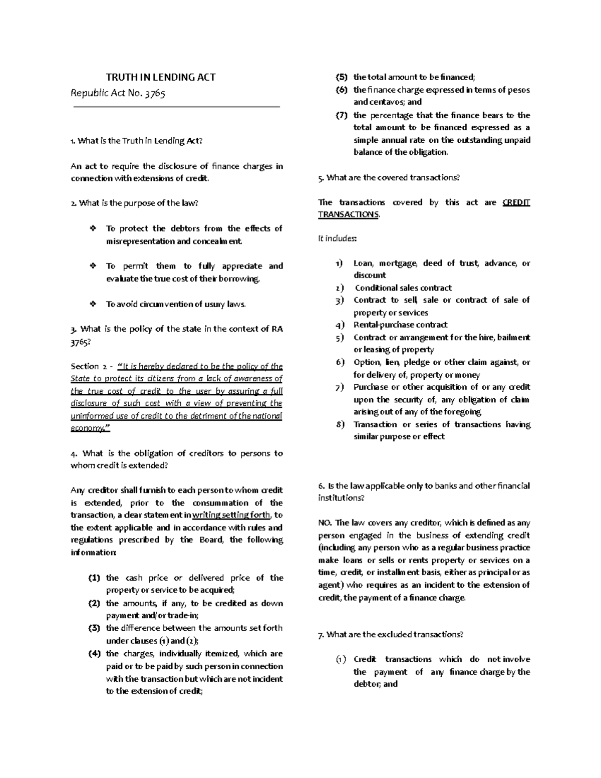 Truth in Lending Act (RA 3765) - Comprehensive Outline and Analysis ...