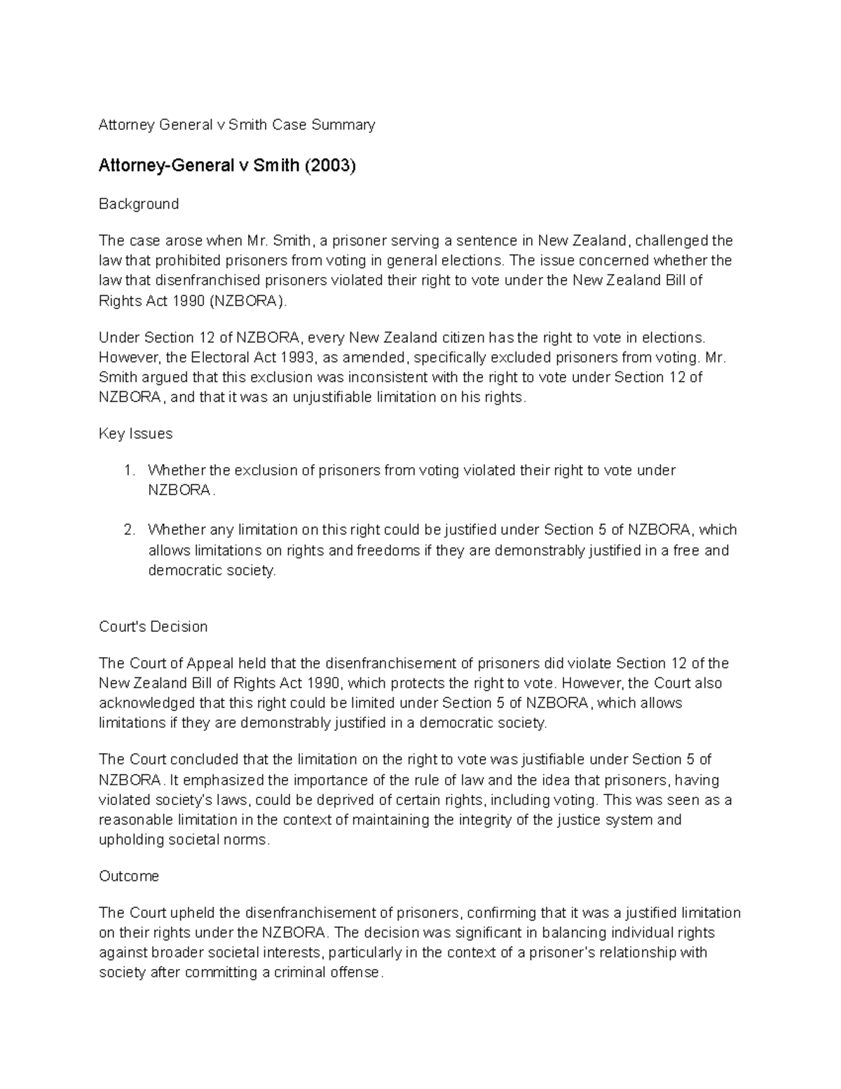 Attorney General v Smith Case Summary (2003) - NZBORA Rights - Studocu