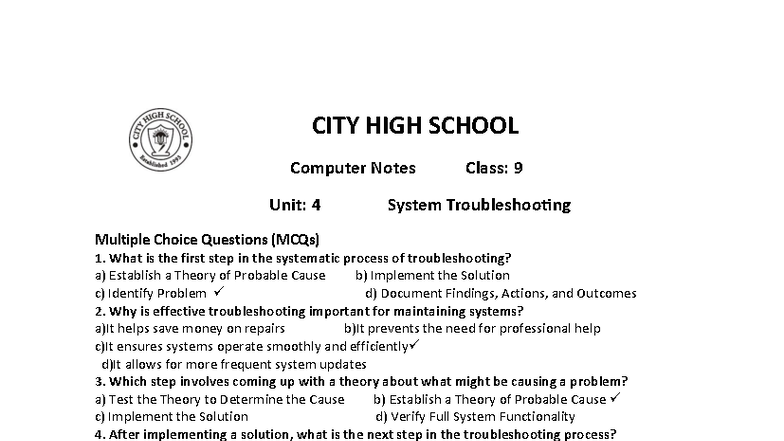 9th Computer Science Unit 4: System Troubleshooting MCQs & Notes - Studocu