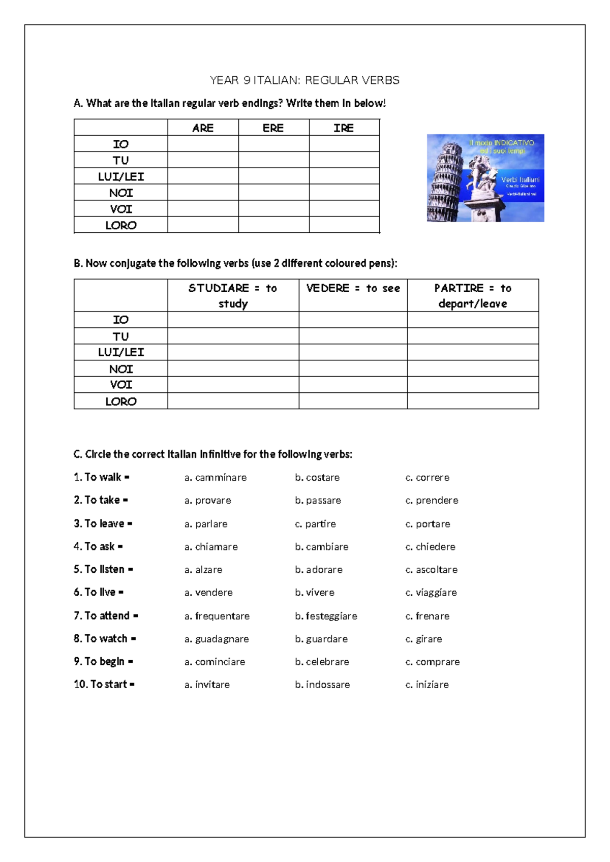 YEAR 9 ITALIAN: REGULAR VERB CONJUGATION DRILLS - Studocu
