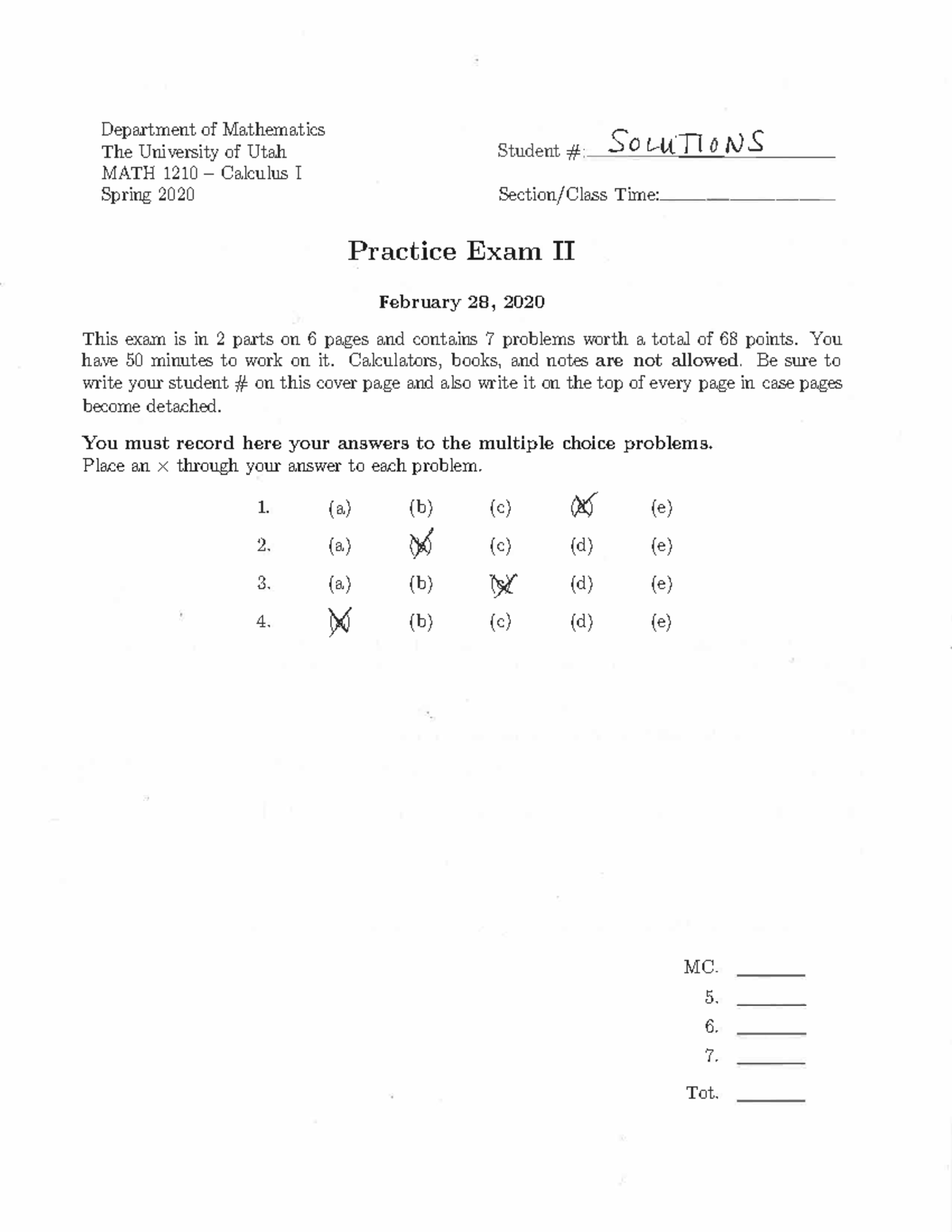 MATH 1210 Spring 2020 Practice Exam II Solutions - Studocu