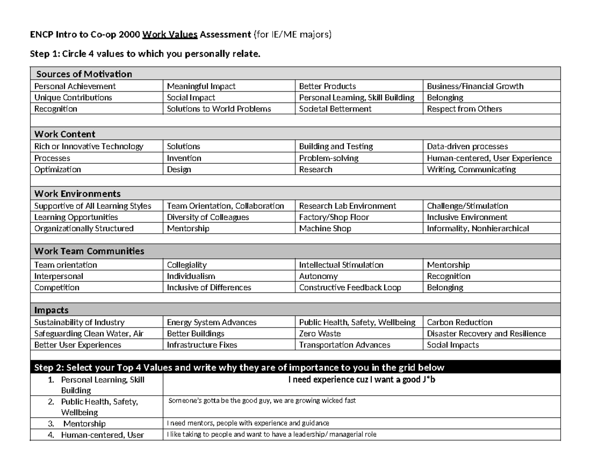 ENCP Career Values Assessment: Identifying Personal Motivations - Studocu