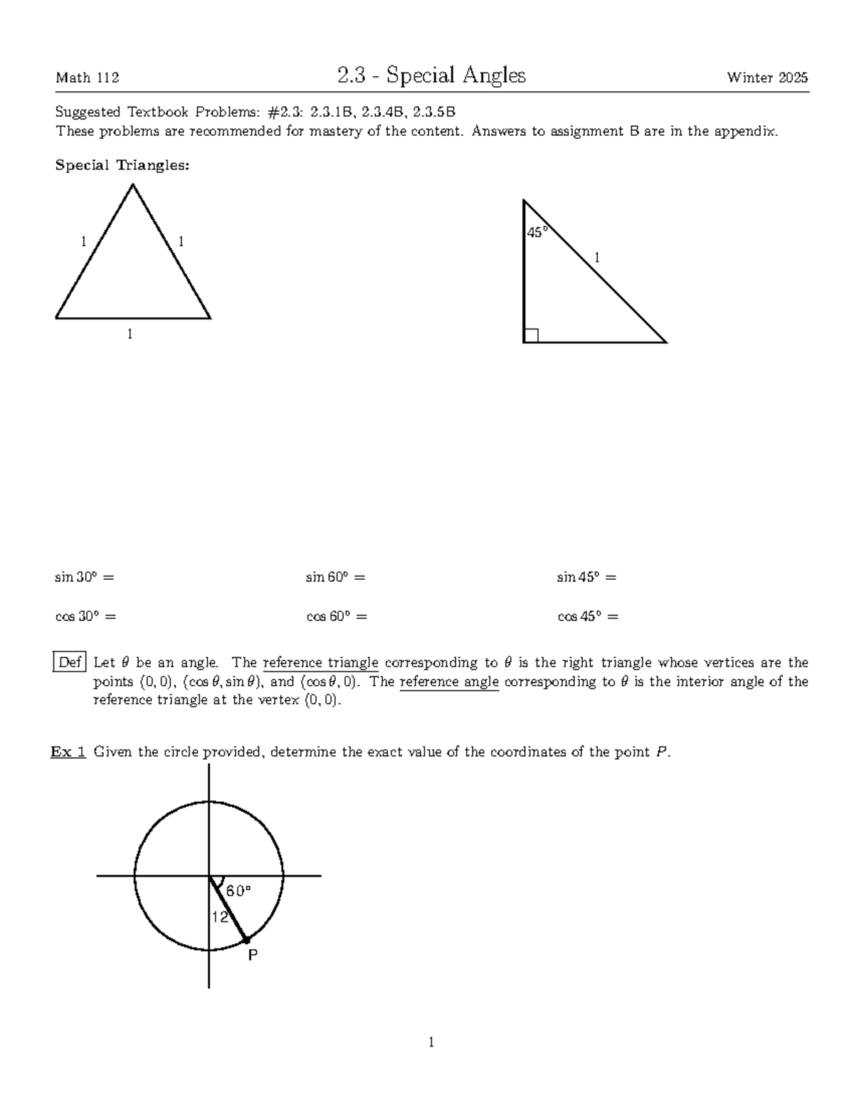 Math 112 - Special Angles Study Guide for Winter 2025 - Studocu