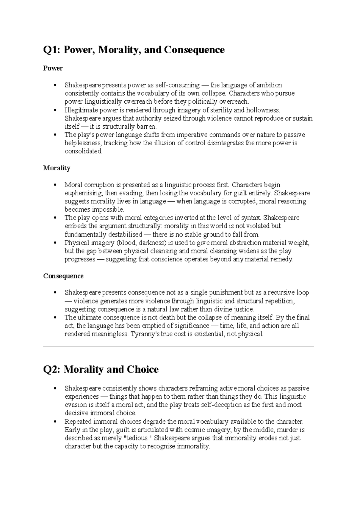 Macbeth Q1 & Q2: Power, Morality, and Consequence Notes - Studocu