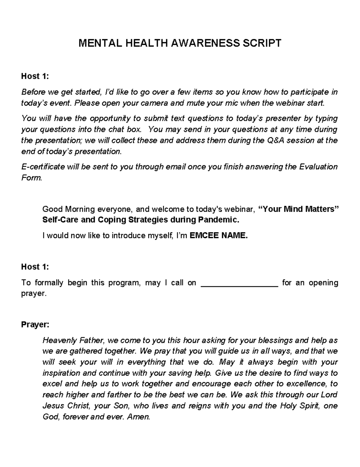 522937237 Mental Health Awareness Script - MENTAL HEALTH AWARENESS ...