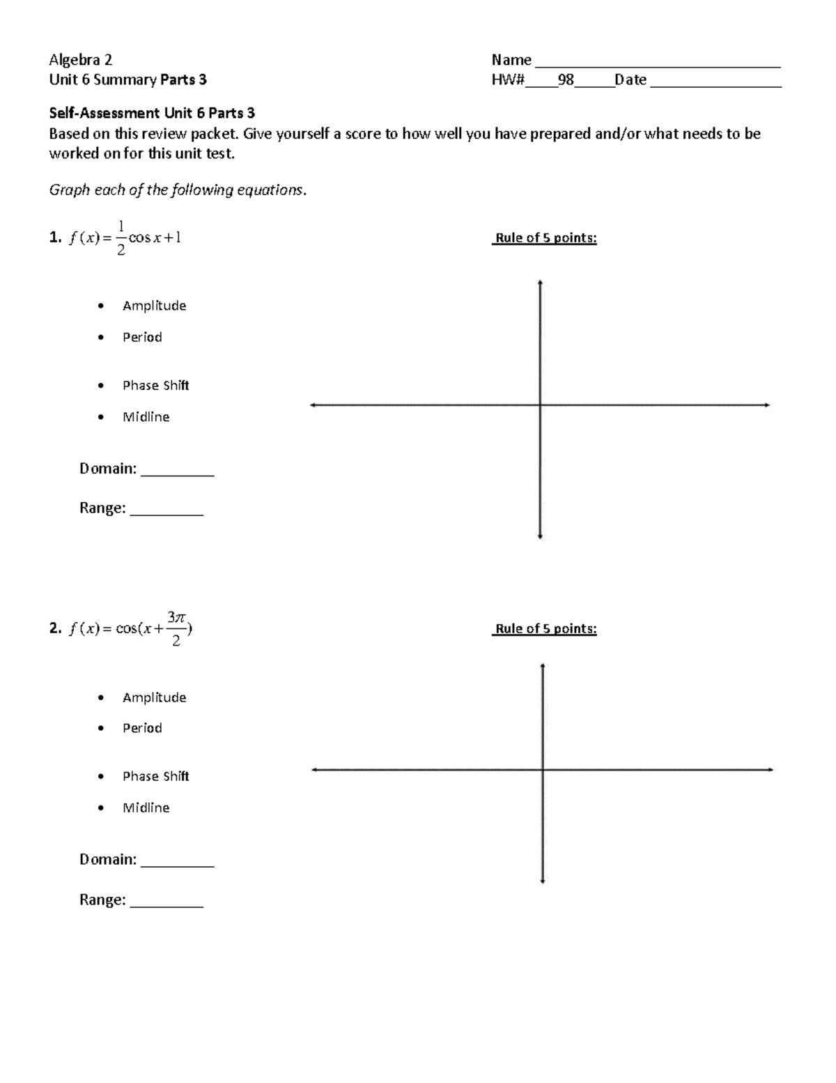 Algebra 2 Unit 6 Summary Parts 3 Review Packet for Unit Test Prep - Studocu