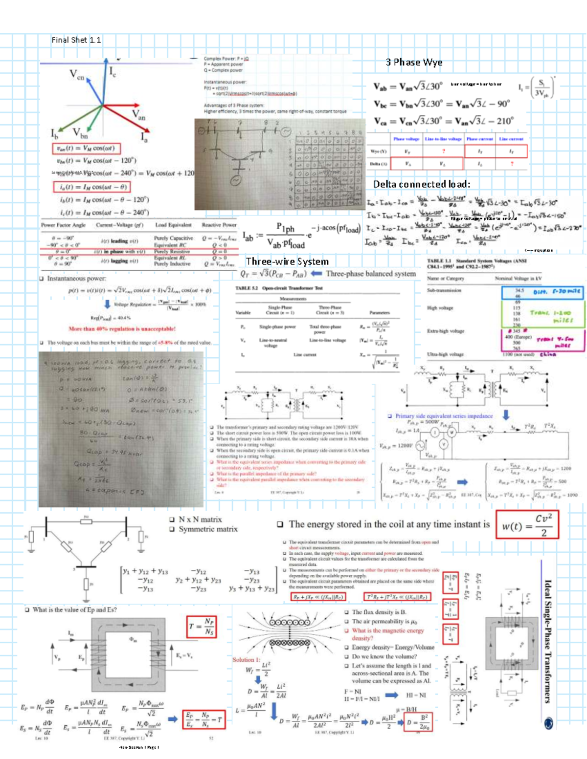 EE387 Final Exam Cheat Sheet - 3 Phase Wye Delta connected load: Line ...