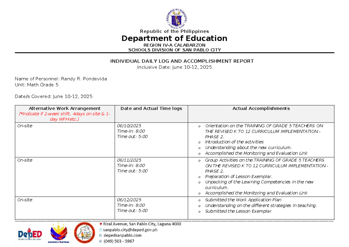 Daily Log & Accomplishment Report: Math Grade 5 Training - June 2025 ...