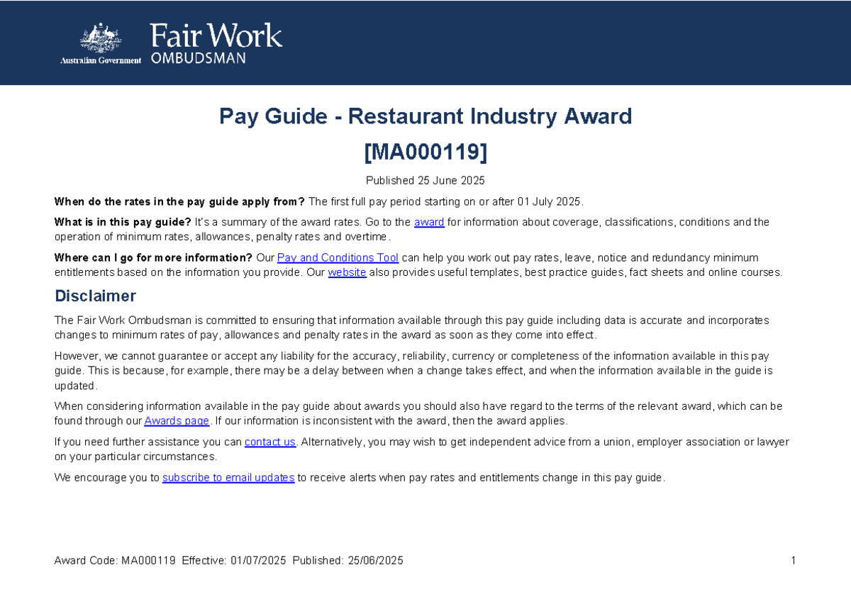 Pay Guide for Restaurant Industry Award (G01192866) - Effective July ...