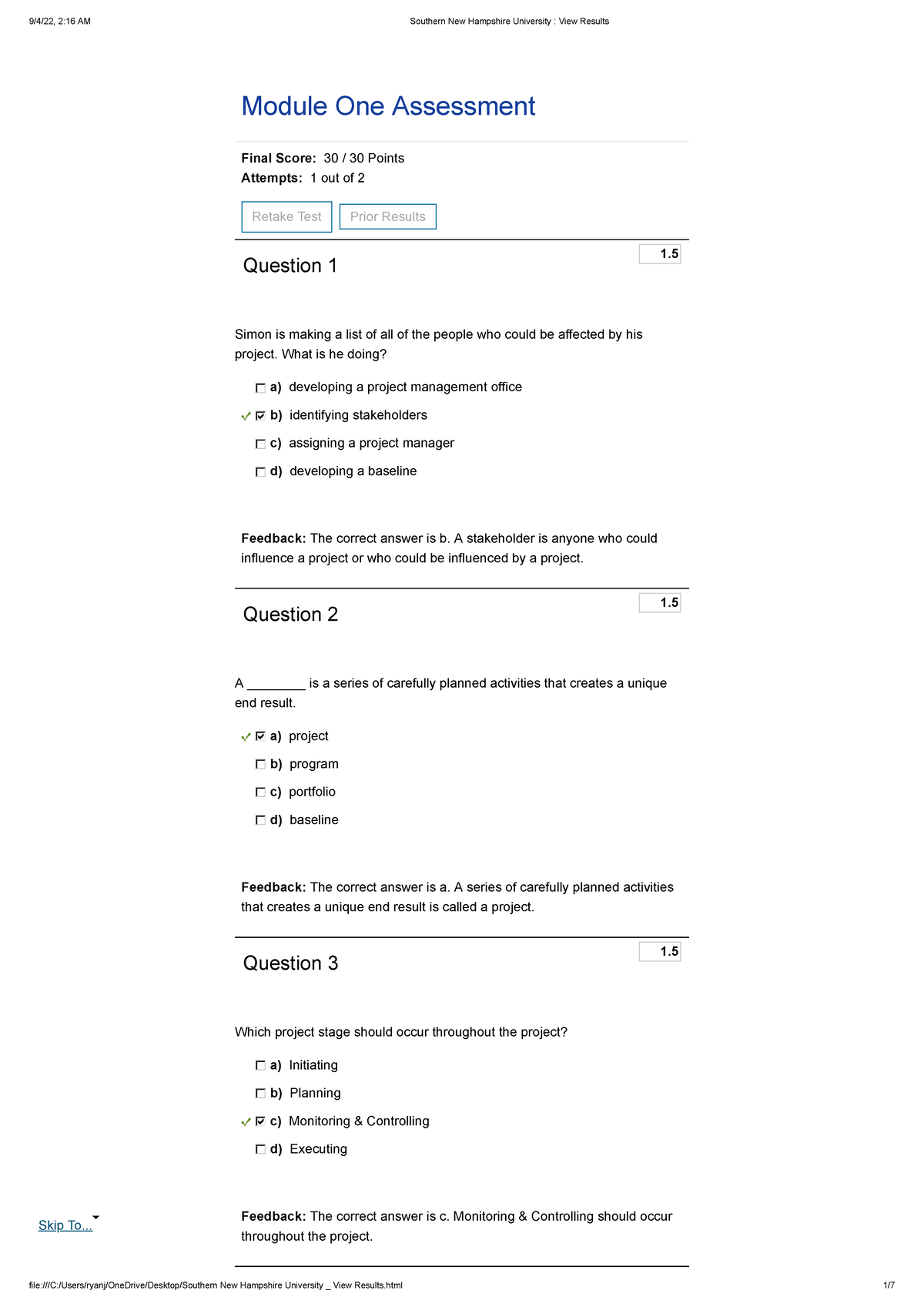 Module One Assessment - 1. 1. 1. Module One Assessment Final Score: 30 ...