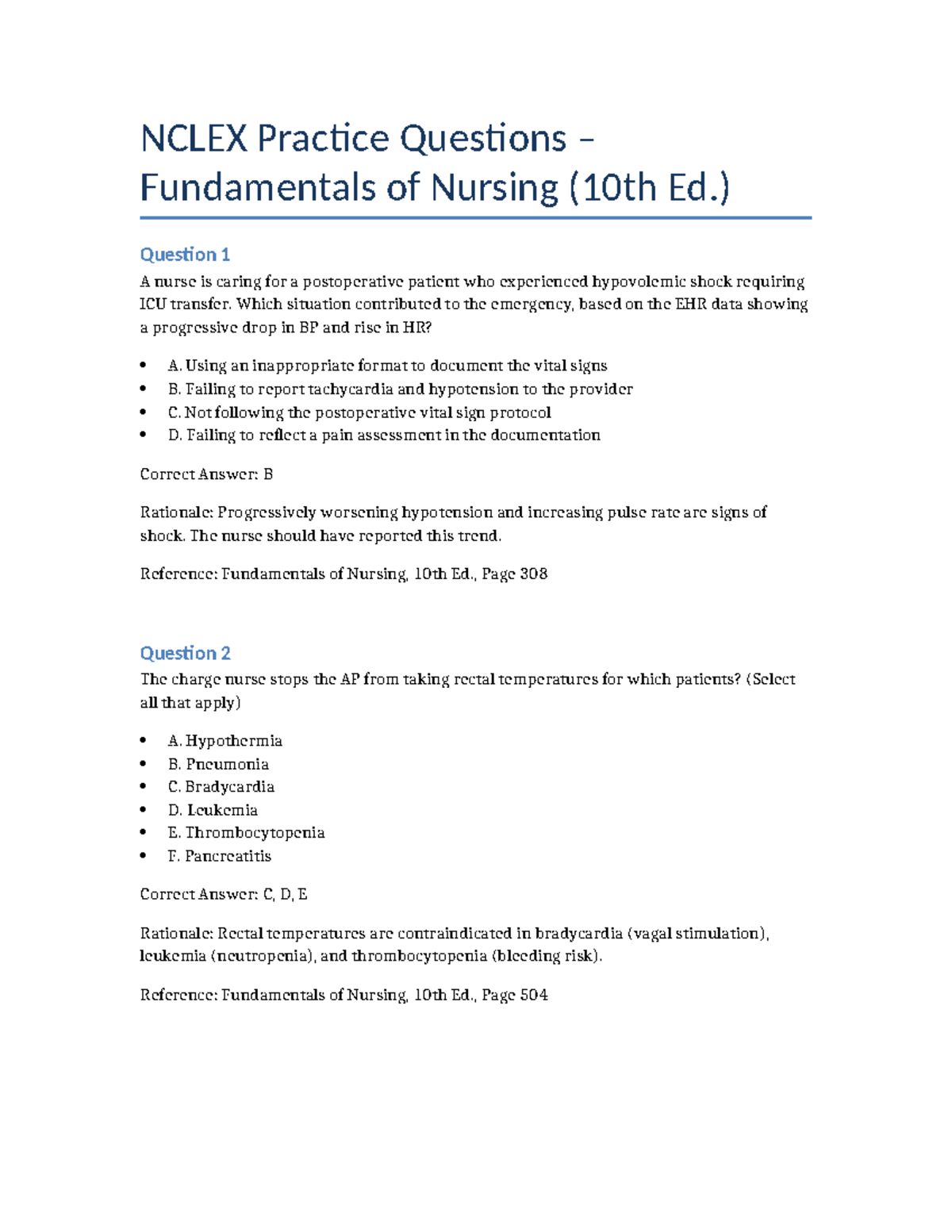 NCLEX Practice Questions: Fundamentals of Nursing (10th Ed.) - Studocu