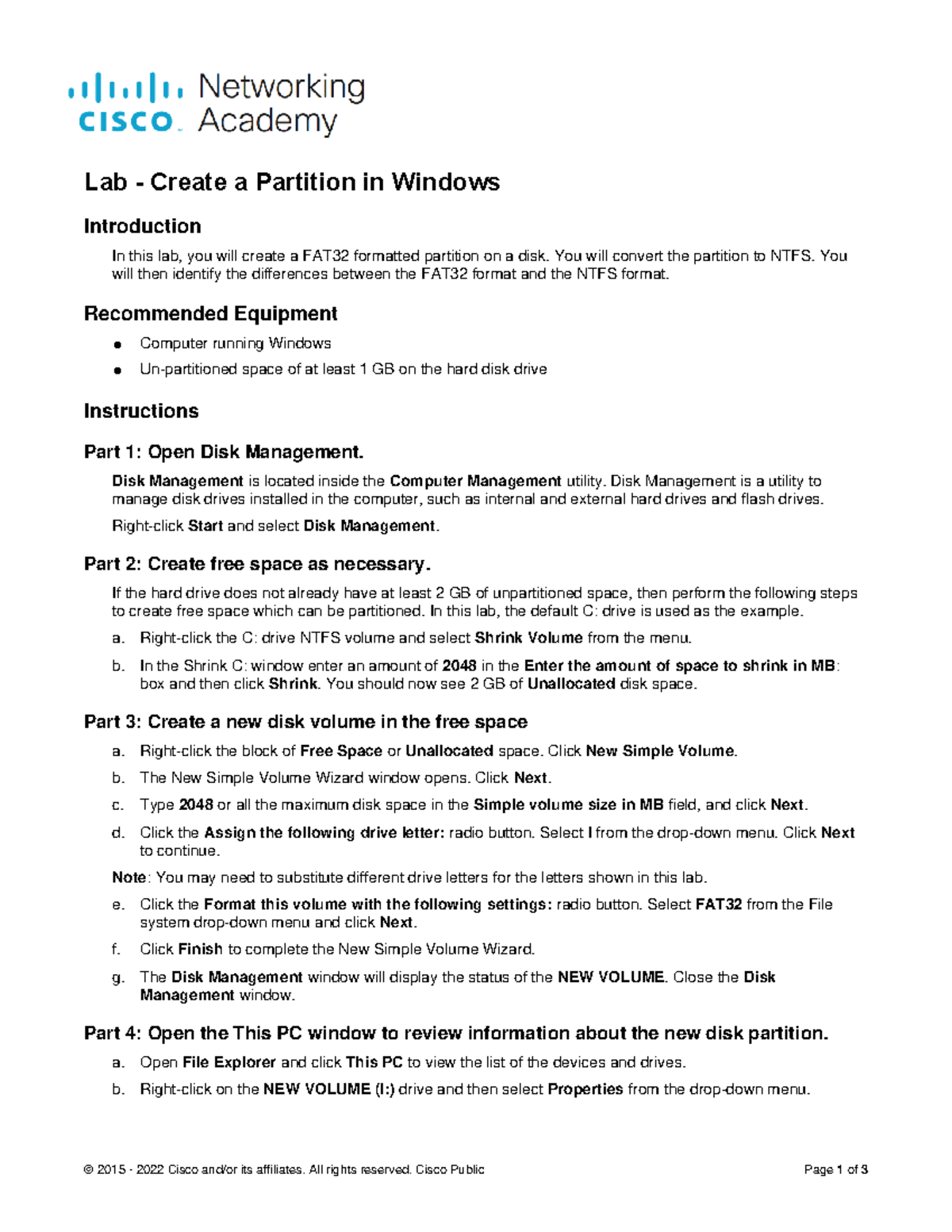 Lab - Create a Partition in Windows (FAT32 to NTFS) - Studocu