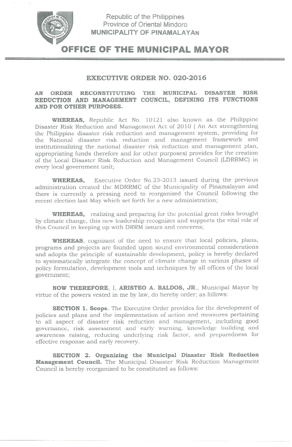 EO 20: Reconstitution of MDRRMC in Pinamalayan, Oriental Mindoro - Studocu