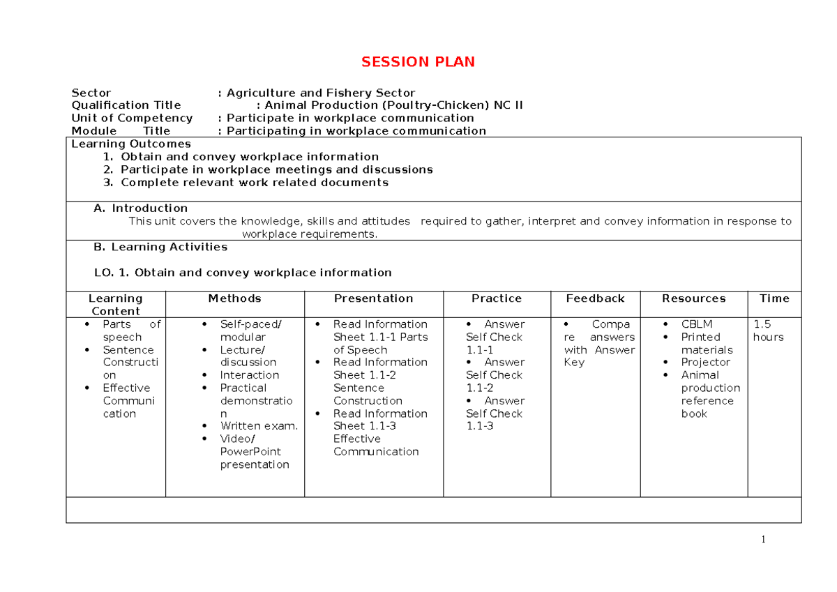 Session Plan- animal production - SESSION PLAN Sector : Agriculture and ...
