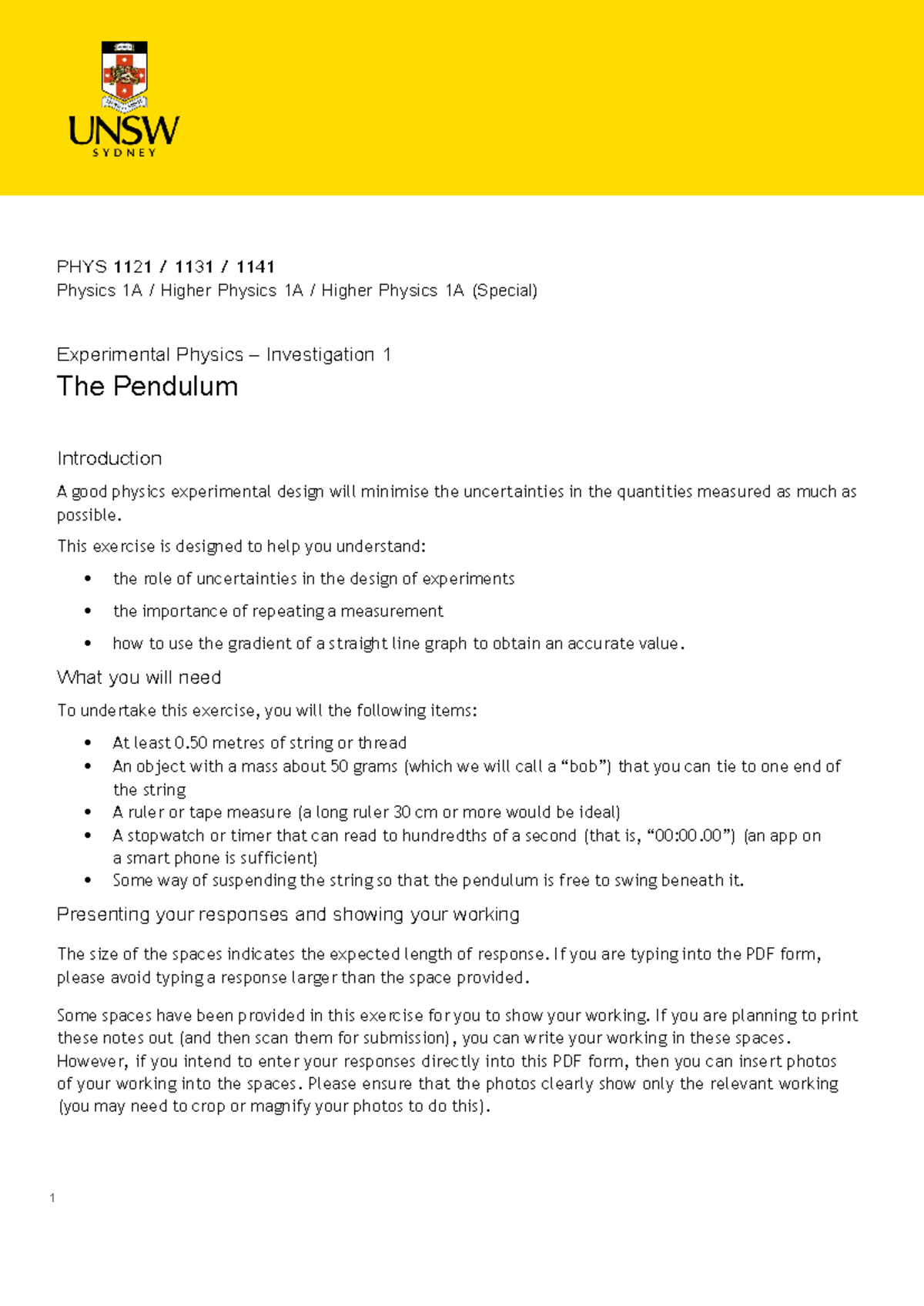 Physics 1A - ONLINE LAB ONE (PENDULUM) - PHYS 1121 / 1131 / 1141 ...