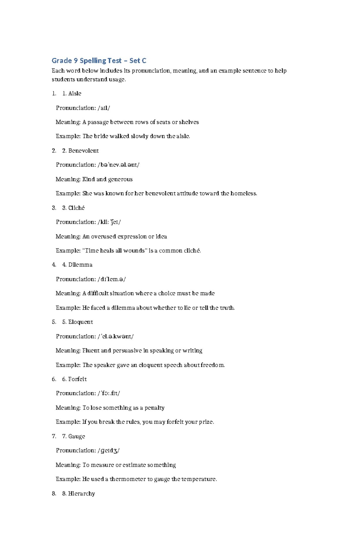 Grade 9 Spelling Test Set C: Words, Meanings, and Examples - Studocu