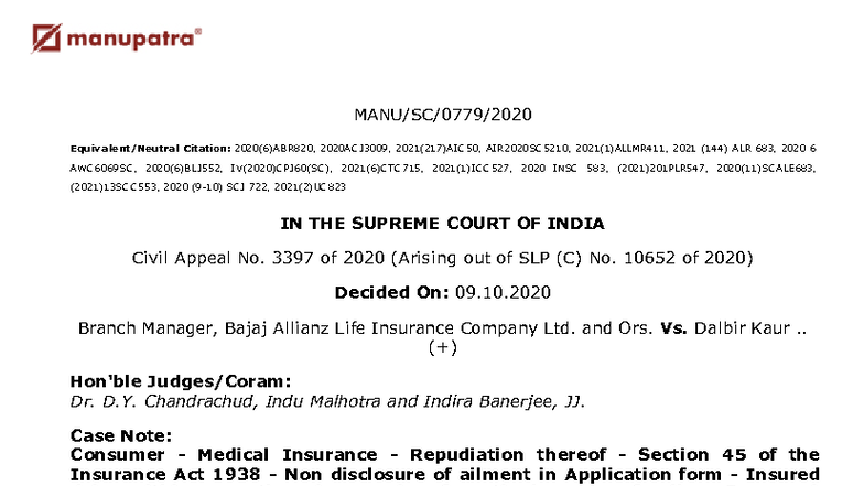 Civil Appeal No. 3397 of 2020: Insurance Claim Repudiation Case Study ...