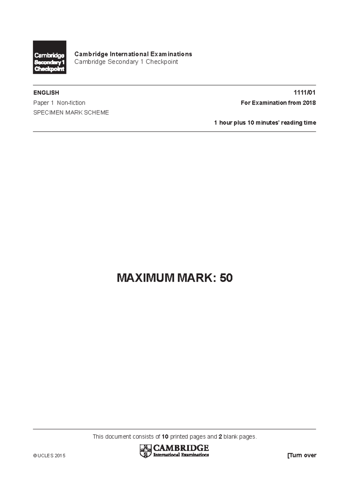 253912 english specimen paper 1 mark scheme - This document consists of ...