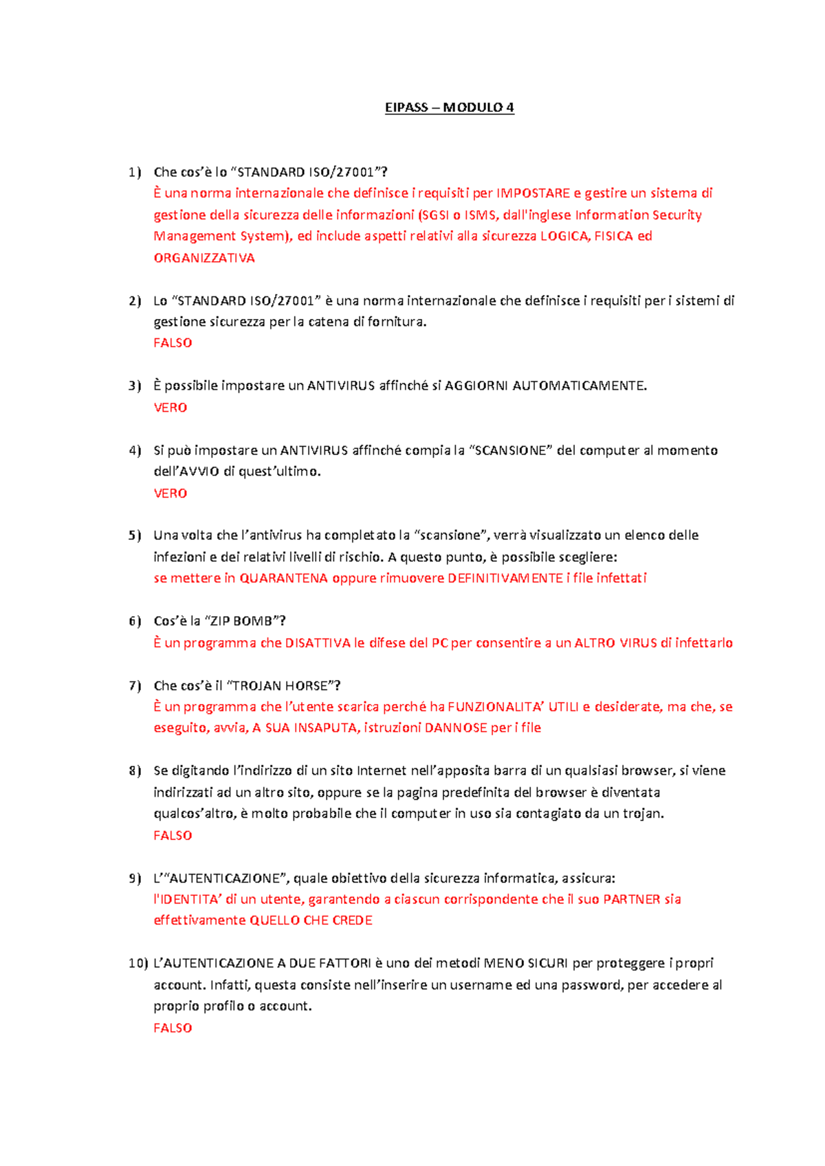 EIPASS Modulo 4: Sicurezza Informatica e Gestione Antivirus - Studocu