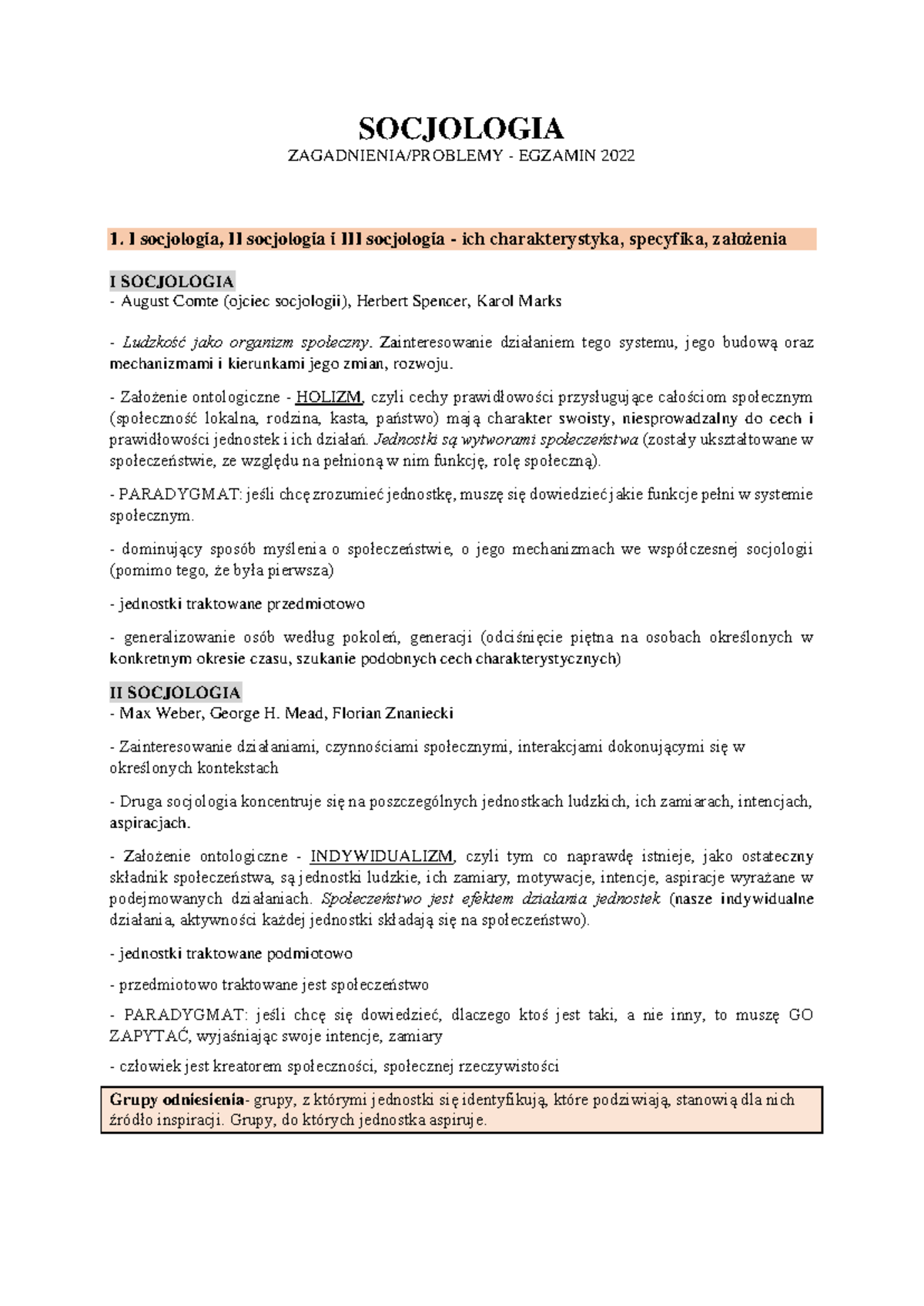 Socjologia - skrypt do egzaminu - SOCJOLOGIA ZAGADNIENIA/PROBLEMY - EGZAMIN 2022 1. I socjologia ...