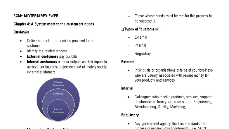 MIDTERM REVIEWER SCM 101: Customer Needs and Value Management - Studocu
