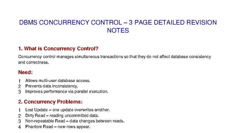 DBMS Concurrency Control: 3-Page Detailed Revision Notes - Studocu
