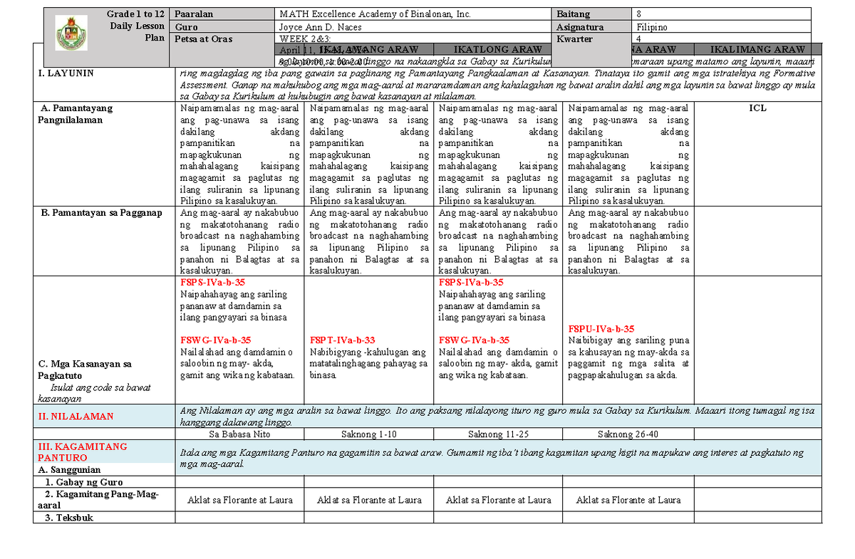 Filipino Daily Lesson Log for Weeks 2 & 3 (Grade 8) - Studocu