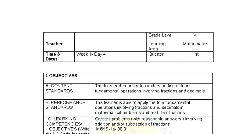 Week 1 Day 4 M6NS-Ia-88: Teaching Addition & Subtraction of Fractions ...