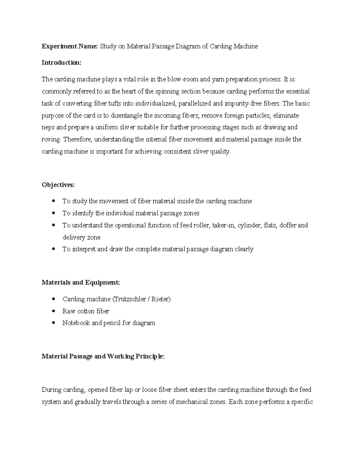 Study on Material Passage Diagram of Carding Machine (Experiment) - Studocu