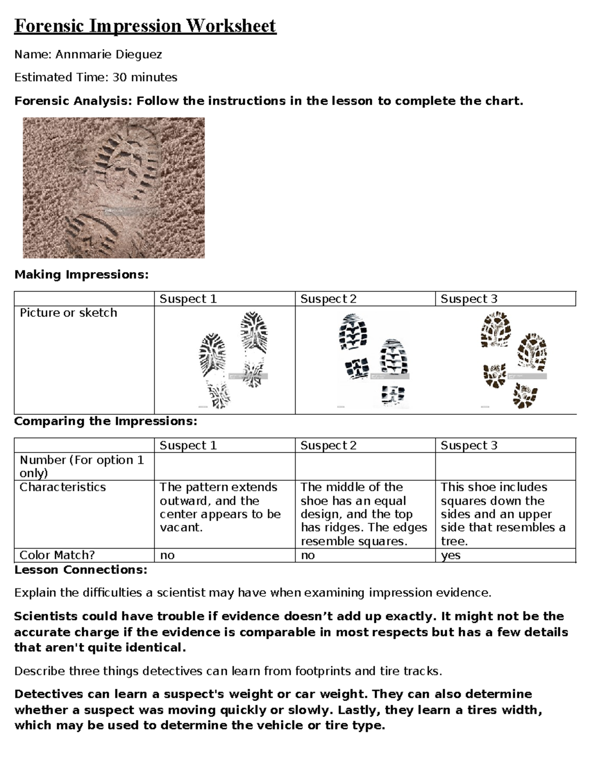 FLVS Forensic Science Impression Worksheet - Forensic Impression ...