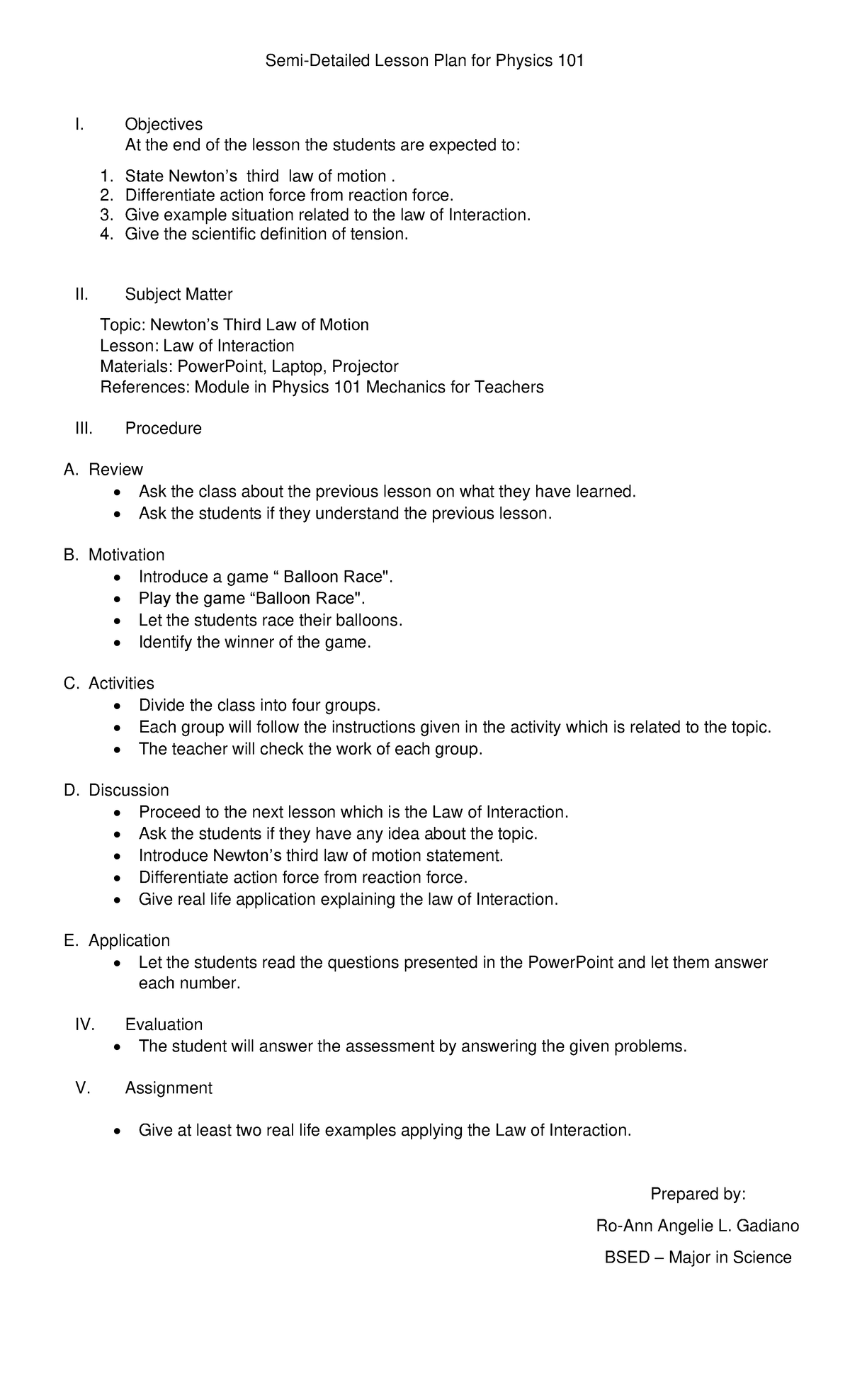 Semi-Detailed Lesson Plan of Newton’s Third Law of Motion : Law of ...