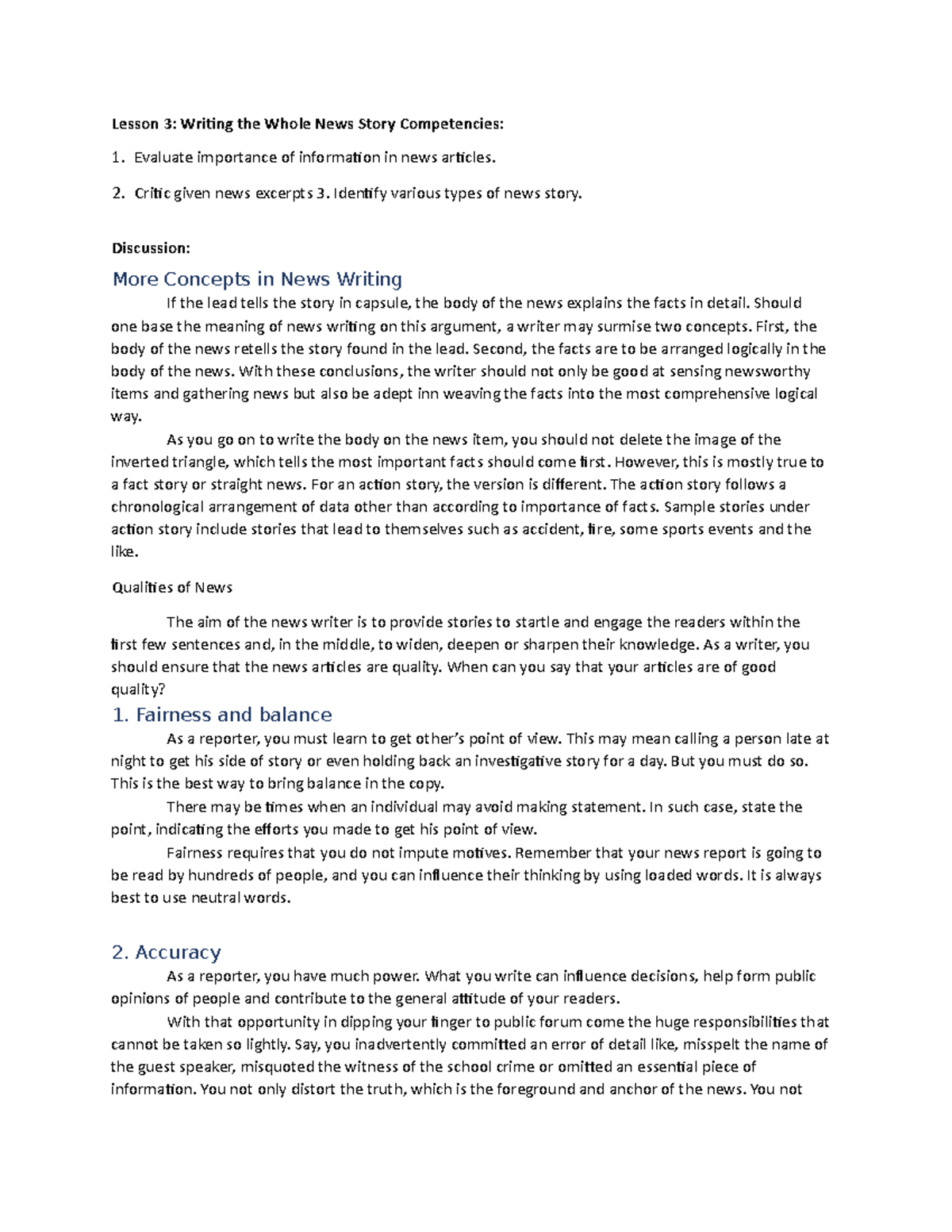 Journalism 3 - Lesson 3: Mastering the Whole News Story Writing - Studocu