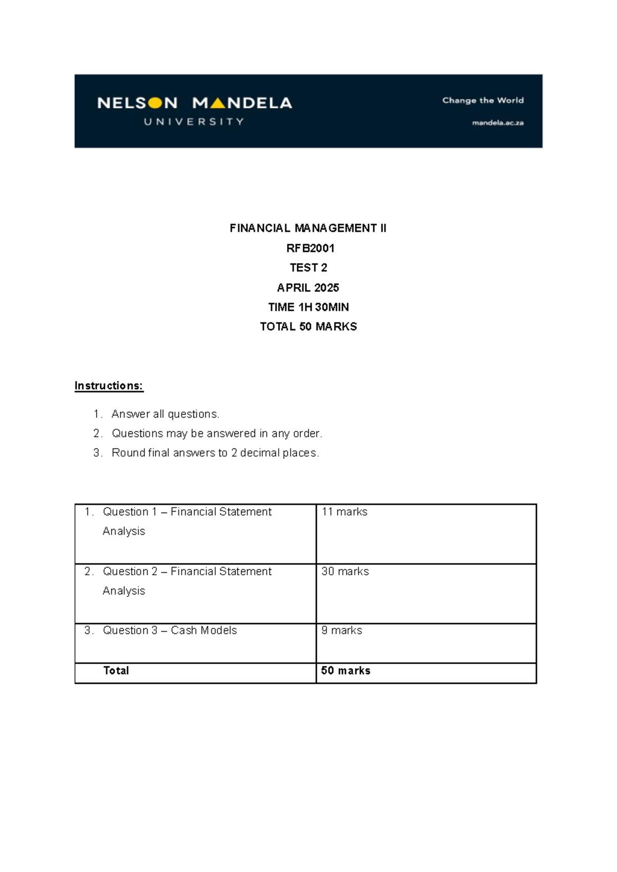 RFB2001 Financial Management II Test 2 April 2025 - 50 Marks - Studocu