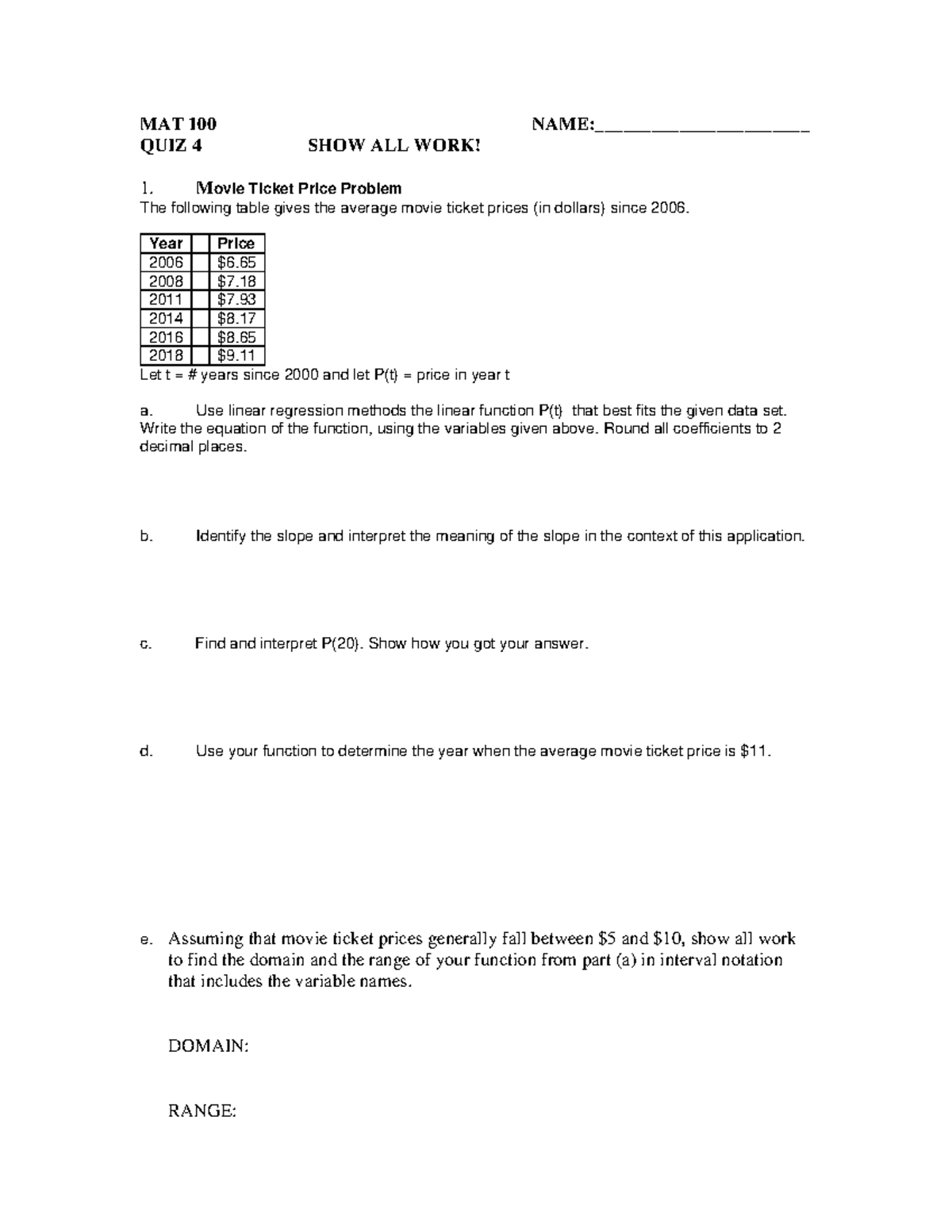 MAT 100 Quiz 4d Regression and Systems - MAT 100 NAME ...