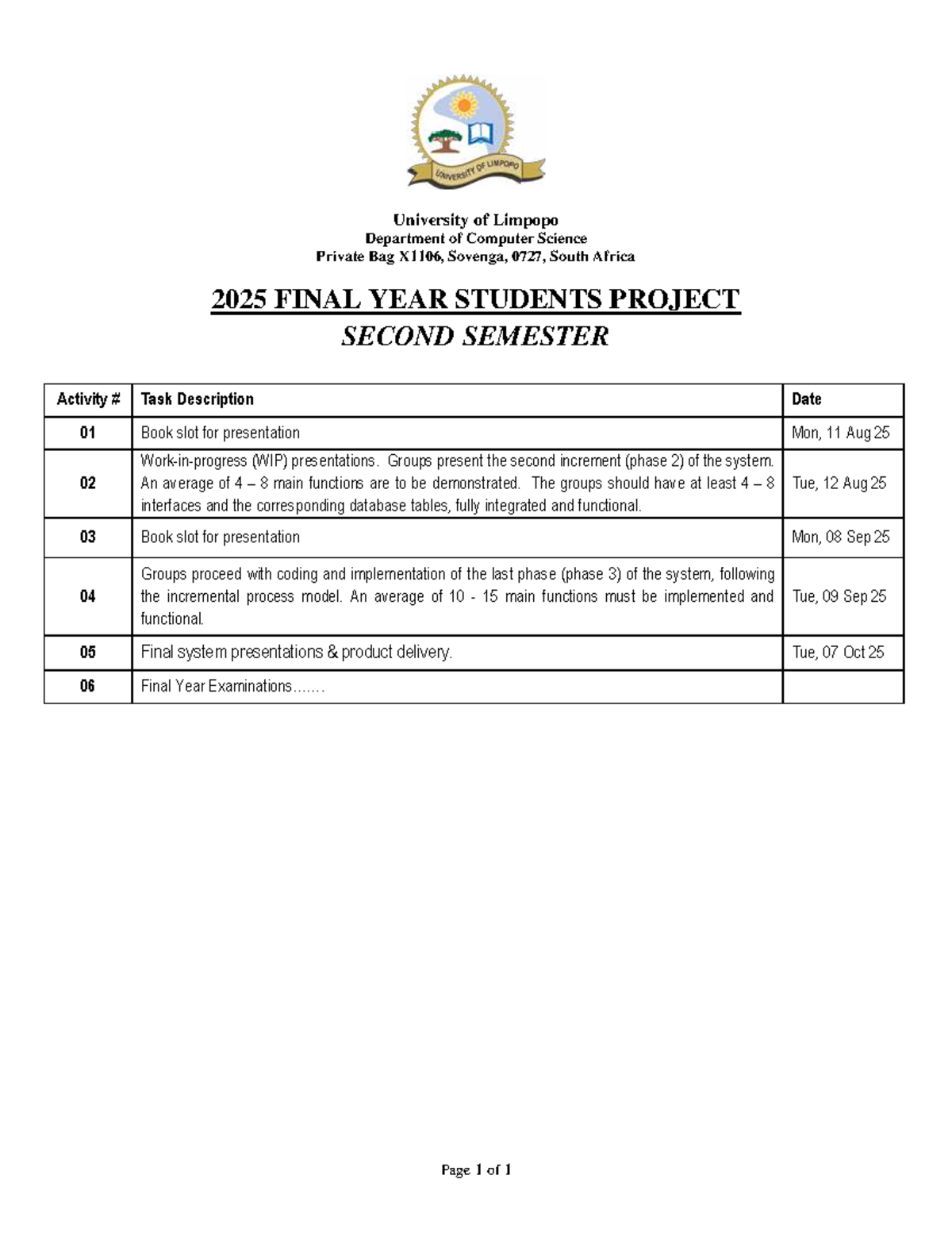2025 CS Final Year Project Schedule - 2nd Semester - Studocu