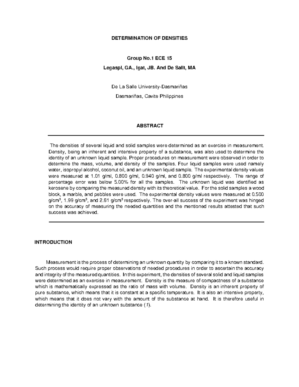 Determination OF Densities 3 - DETERMINATION OF DENSITIES Group No ECE ...