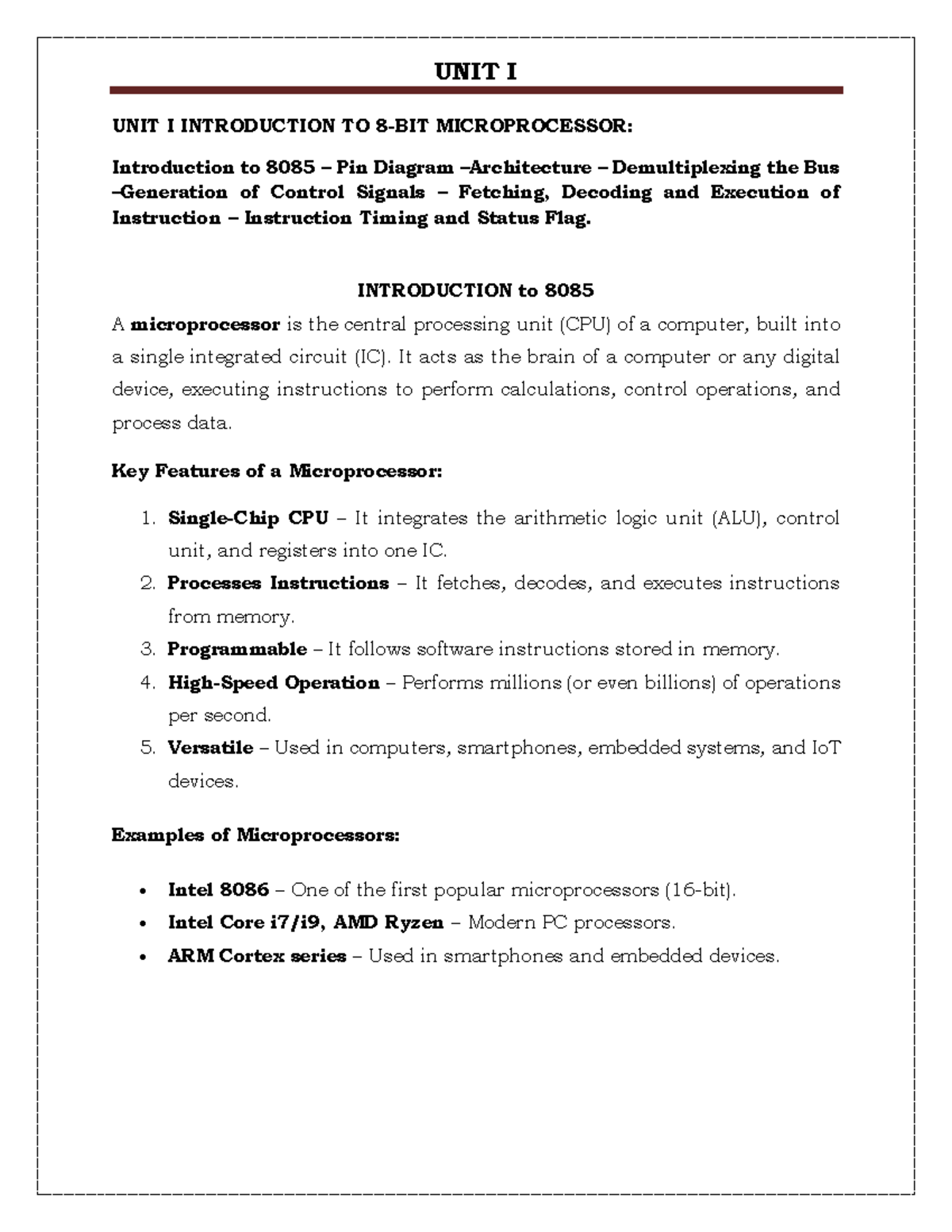 Microprocessor Unit I Notes: Introduction to 8085 Architecture and ...