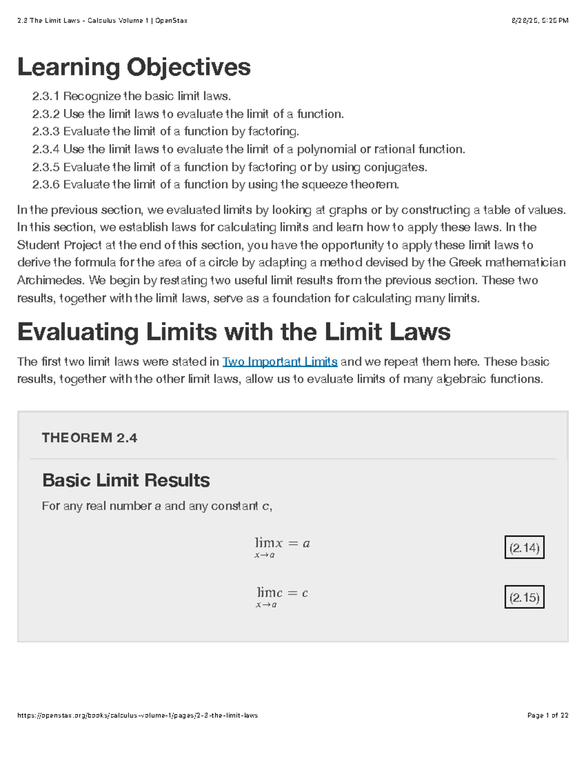 Calculus Volume 1: Section 2.3 - Understanding the Limit Laws - Studocu