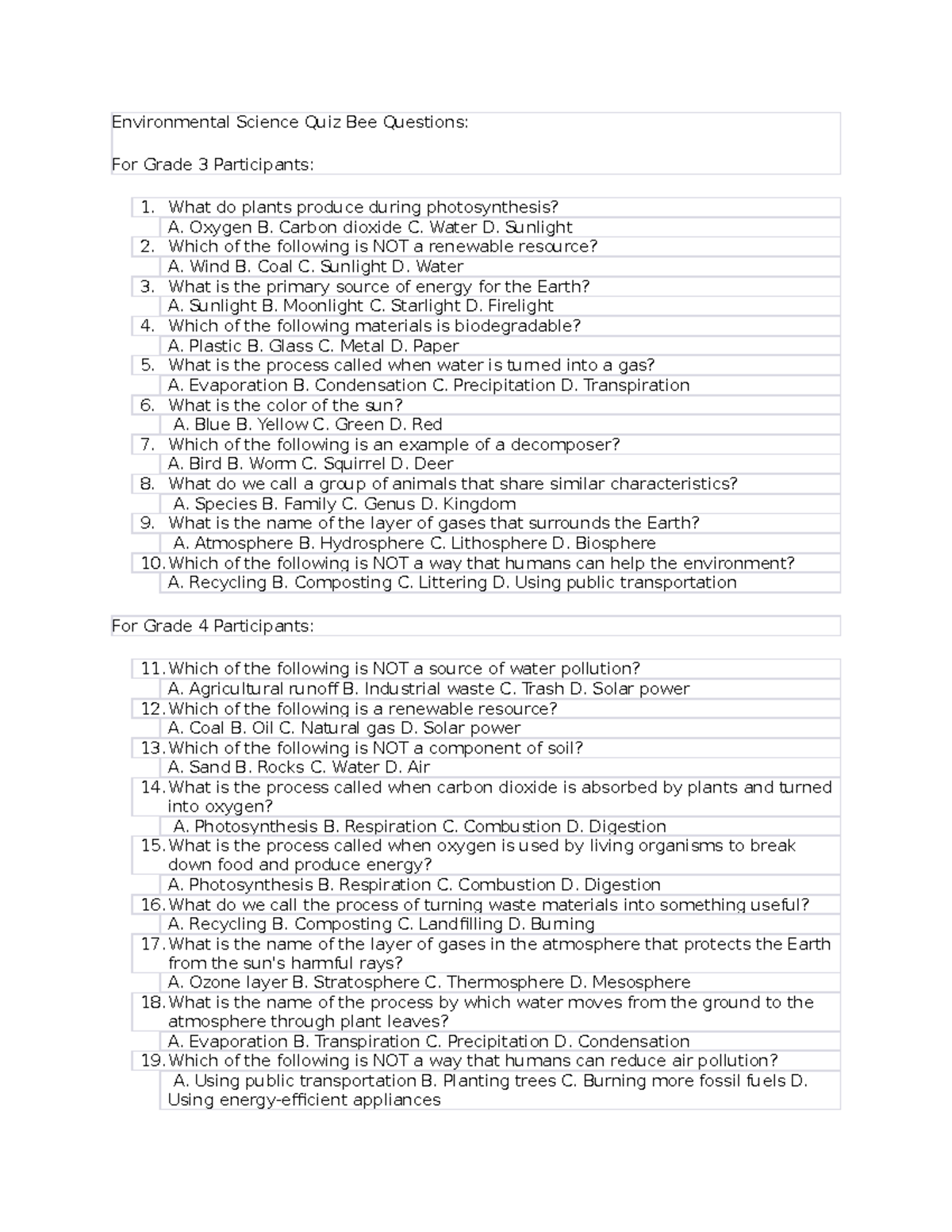 Questionnaire for environmental Science and related issues ...
