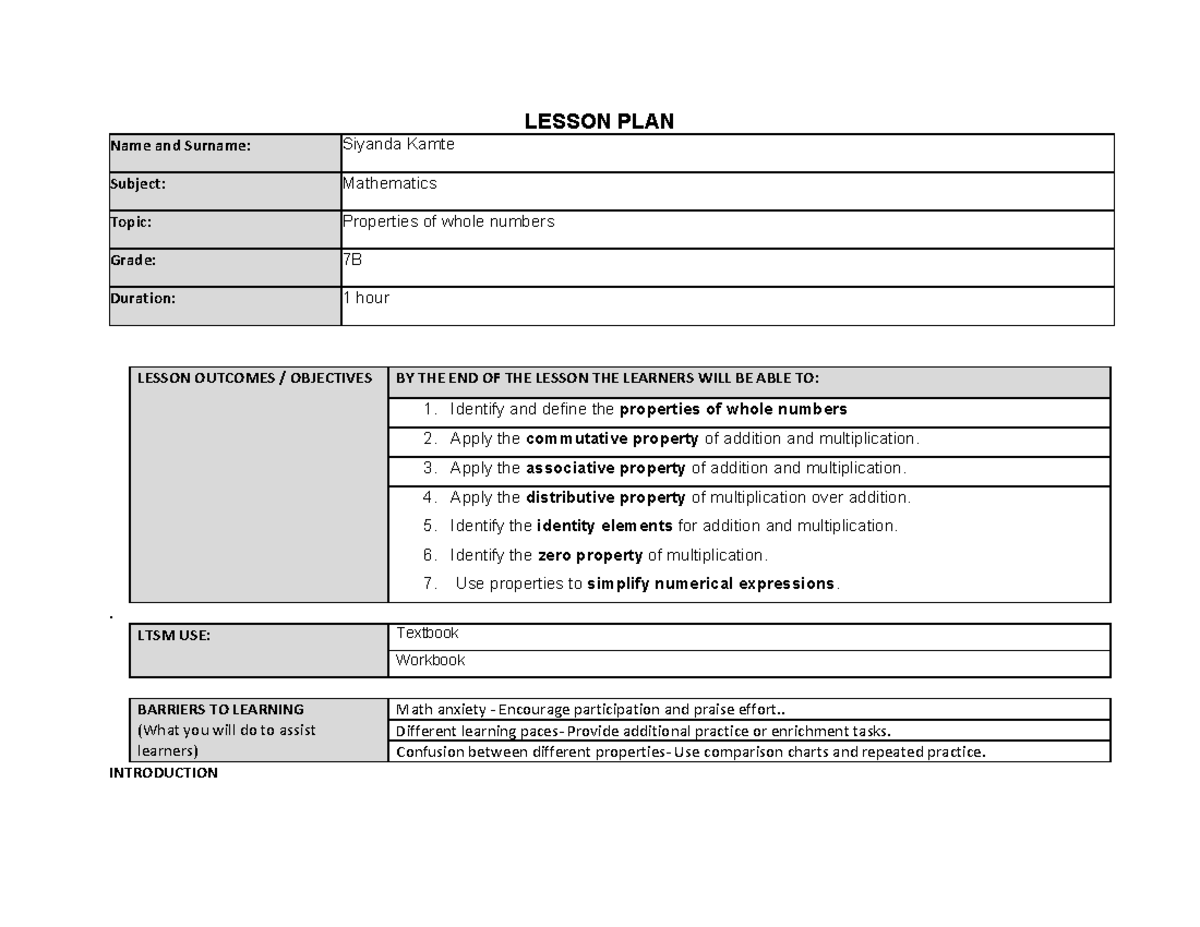 Mathematics Lesson Plan: Properties of Whole Numbers (Grade 7B) - Studocu