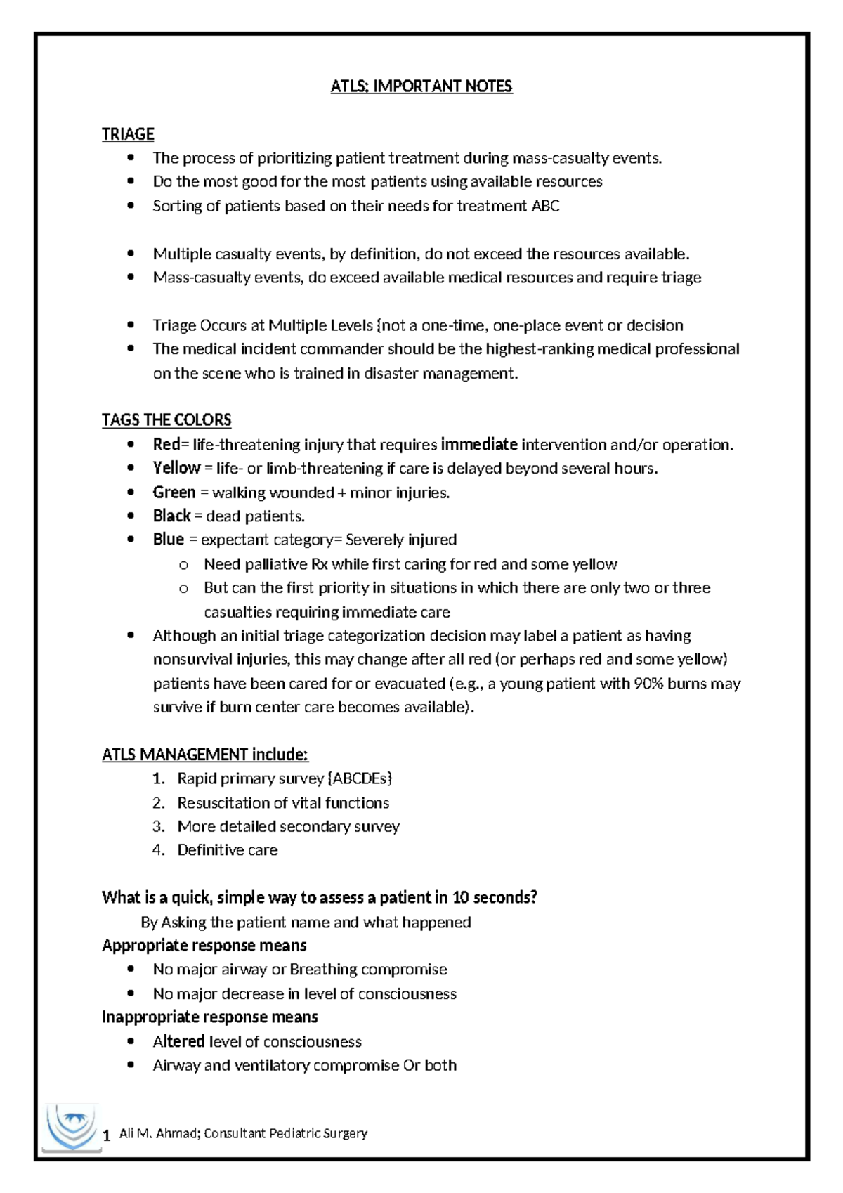 IMPORTANT TRIAGE NOTES FOR TRAUMA MANAGEMENT (05TRAUMA) - Studocu